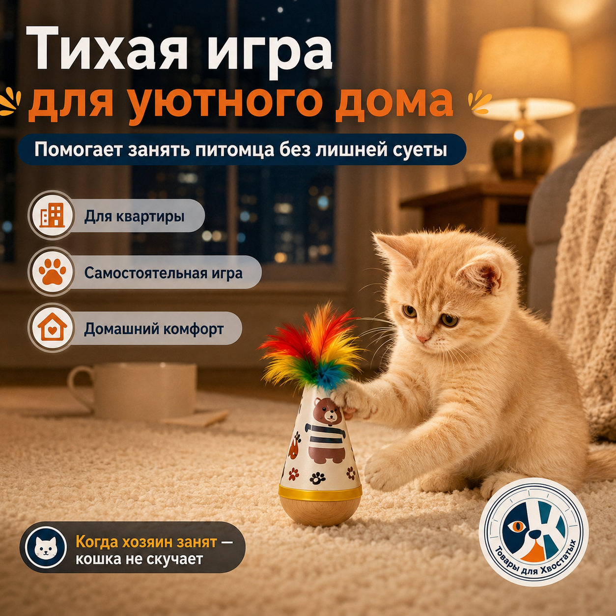 Игрушка‑неваляшка для кошек с перьями, тихая самостоятельная игра, безопасная для лапок, для домашних питомцев в квартире