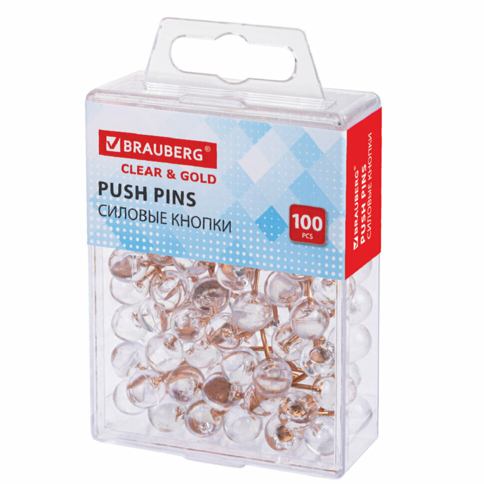 Силовые кнопки-гвоздики BRAUBERG CLEAR & GOLD, прозрачные с золотистым (шарики), 100 штук, 11 мм, 272760, 272760