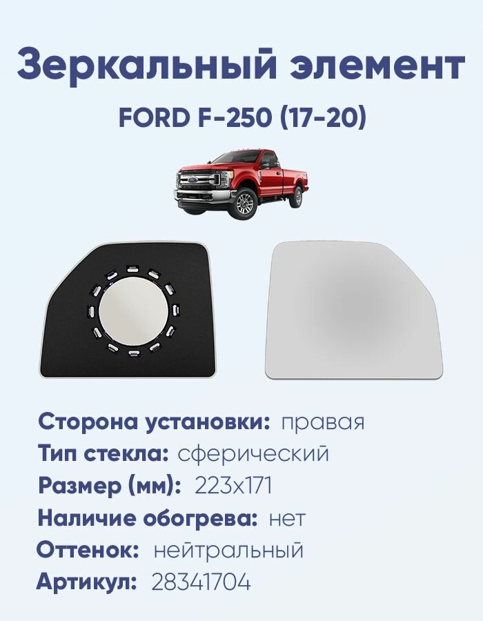 Зеркальный элемент правый FORD F-250 (17-20) сфера нейтральный без обогрева
