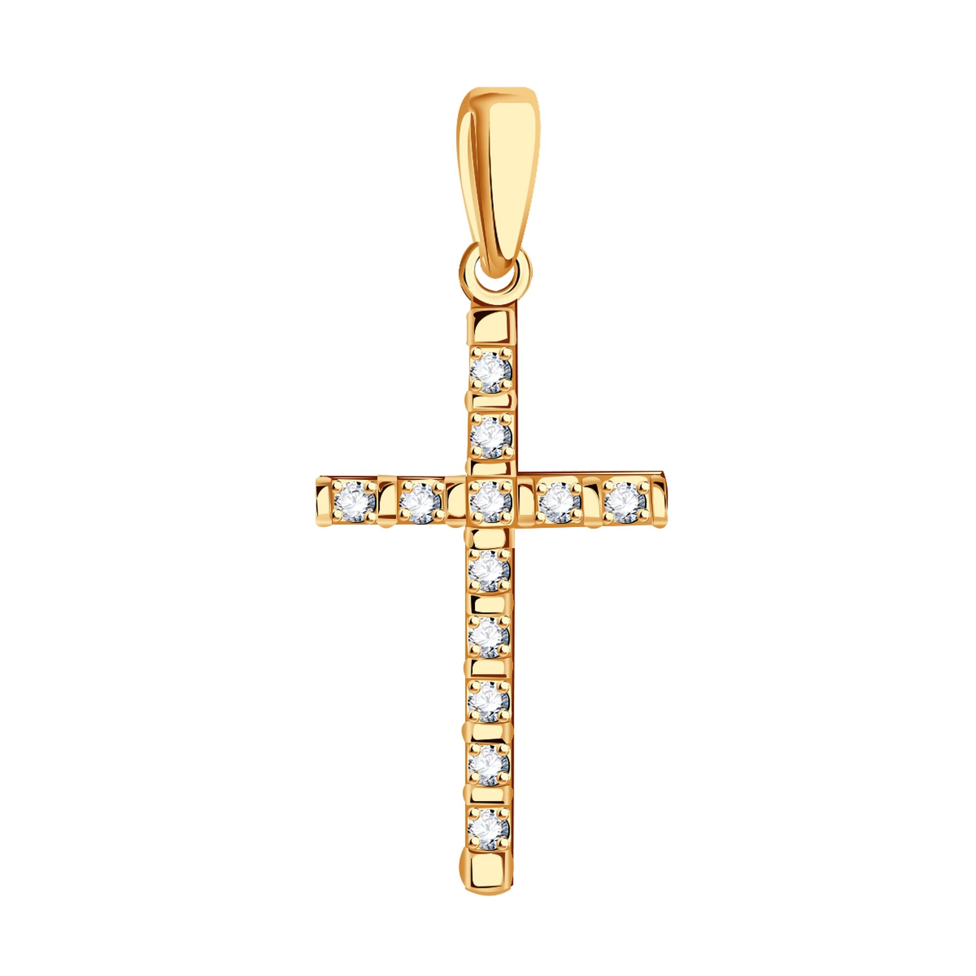 Крестик, красное золото, 585 проба, фианит