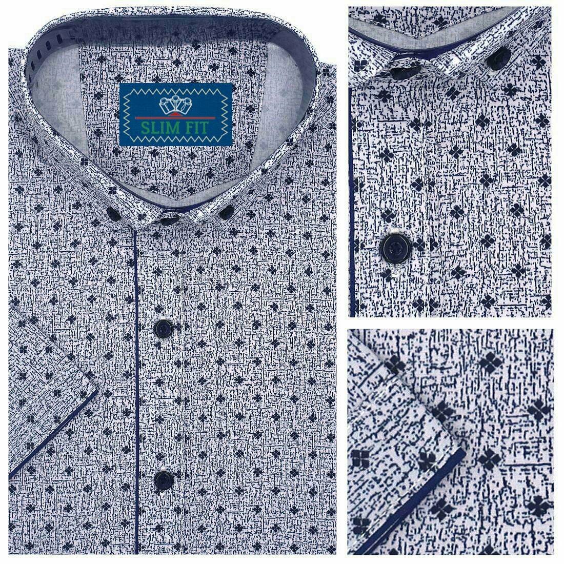 Рубашка Рубашка мужская с коротким рукавом, приталенная, светлая сорочка, на пуговицах, рубаха на любой сезон, стильный фасон одежды, серая, в мелкий рисунок, без карманов, с отделкой