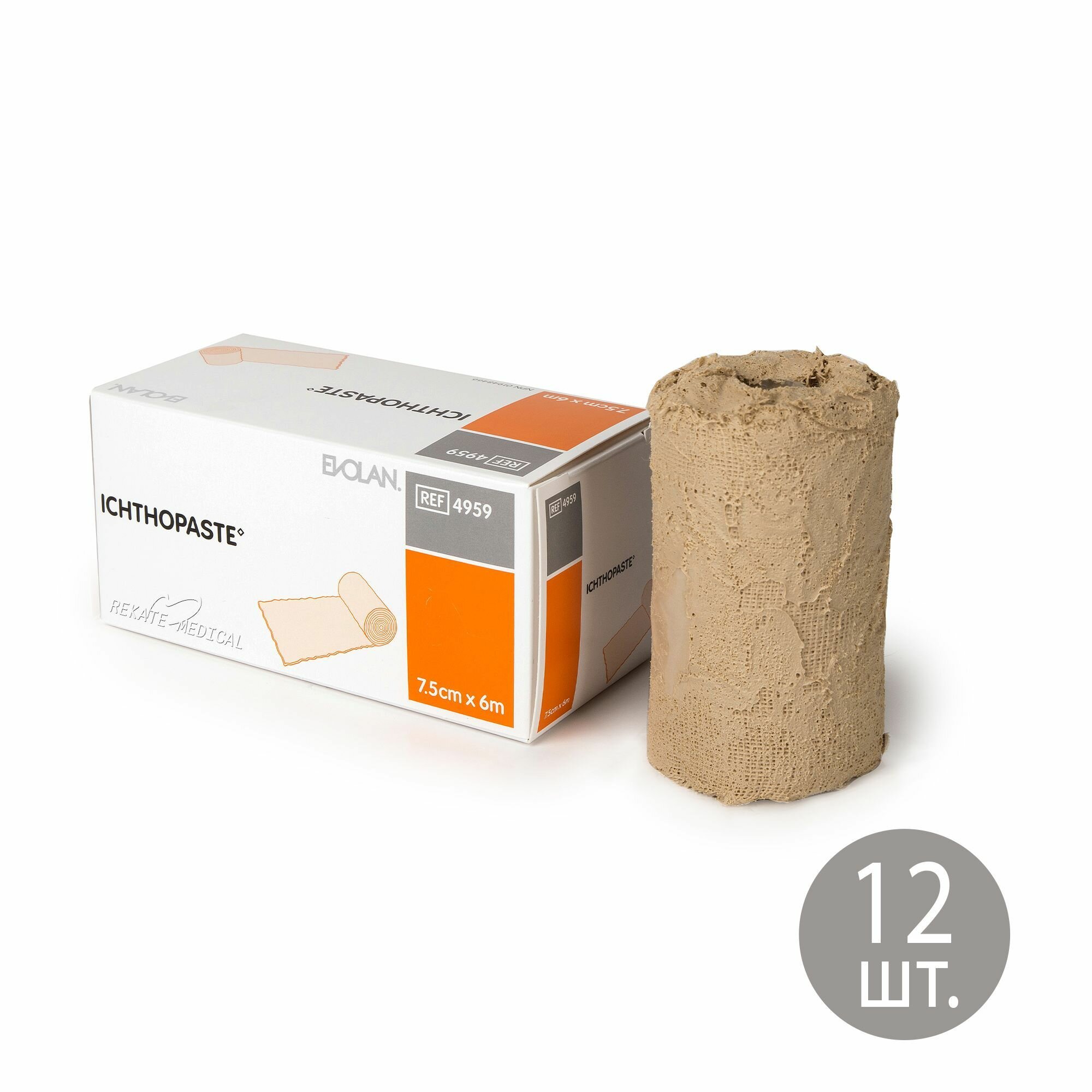 Ichthopaste (Ихтеопаста) - Бинт пропитанный пастой из оксида цинка и ихтаммолом, 7,5 см x 6 м, 12 шт.