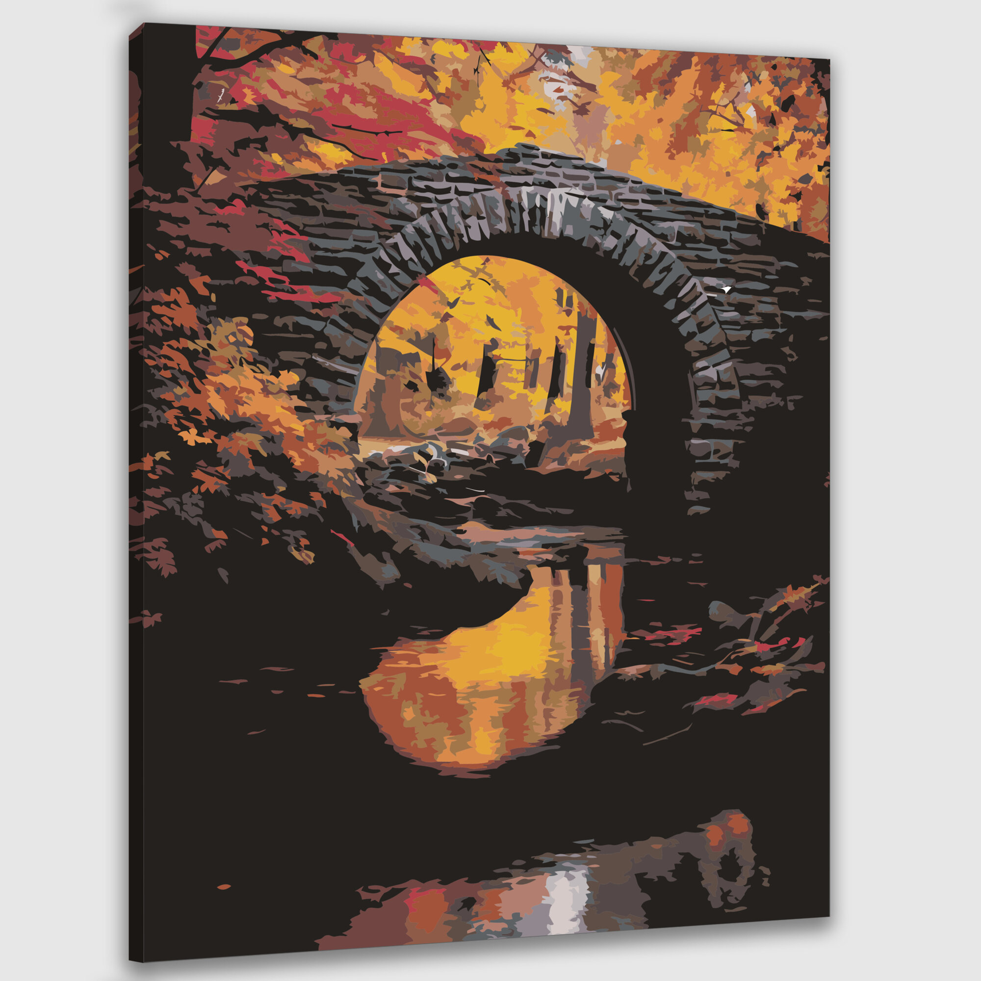 Картина по номерам 40x50 см, каменный мост, осенние деревья, выветренные колонны, арка, пышная листва