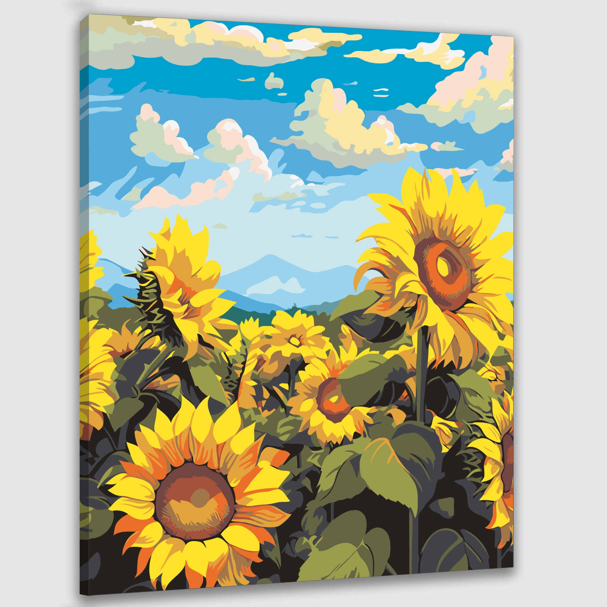 Картина по номерам 40x50 см, поле подсолнухов, золотистые лепестки, зеленая листва, голубое небо