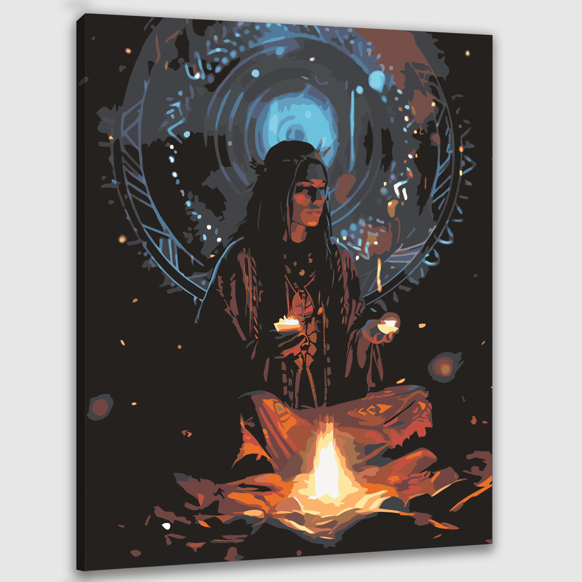 Картина по номерам 40x50 см, мистическая, цифровая, картина, шаманский ритуал, закрученные узоры, яркие цвета, шаман