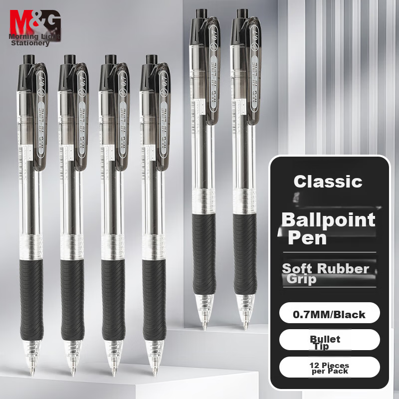 Chenguang (M&G) Stationery Ballpoint Pen, Medium Oil Pen, 0.7mm Bullet Tip, Soft Rubber Grip, Retractable Pen, Student, Office Supplies, Black, 12 Pens/box, BP8106