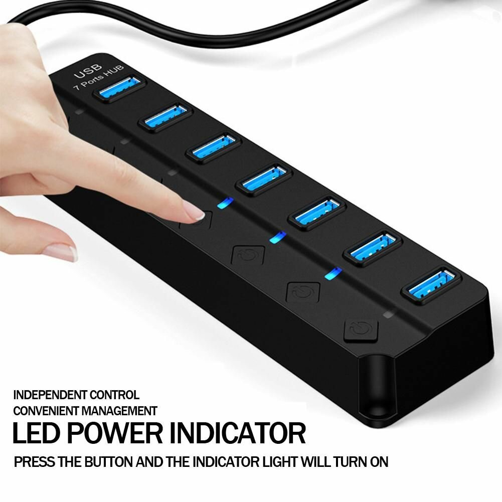 USB Hub Разветвитель для ноутбука/ USB хаб 3.0/ USB разветвитель на 7 портов/ usb hub с переключателем