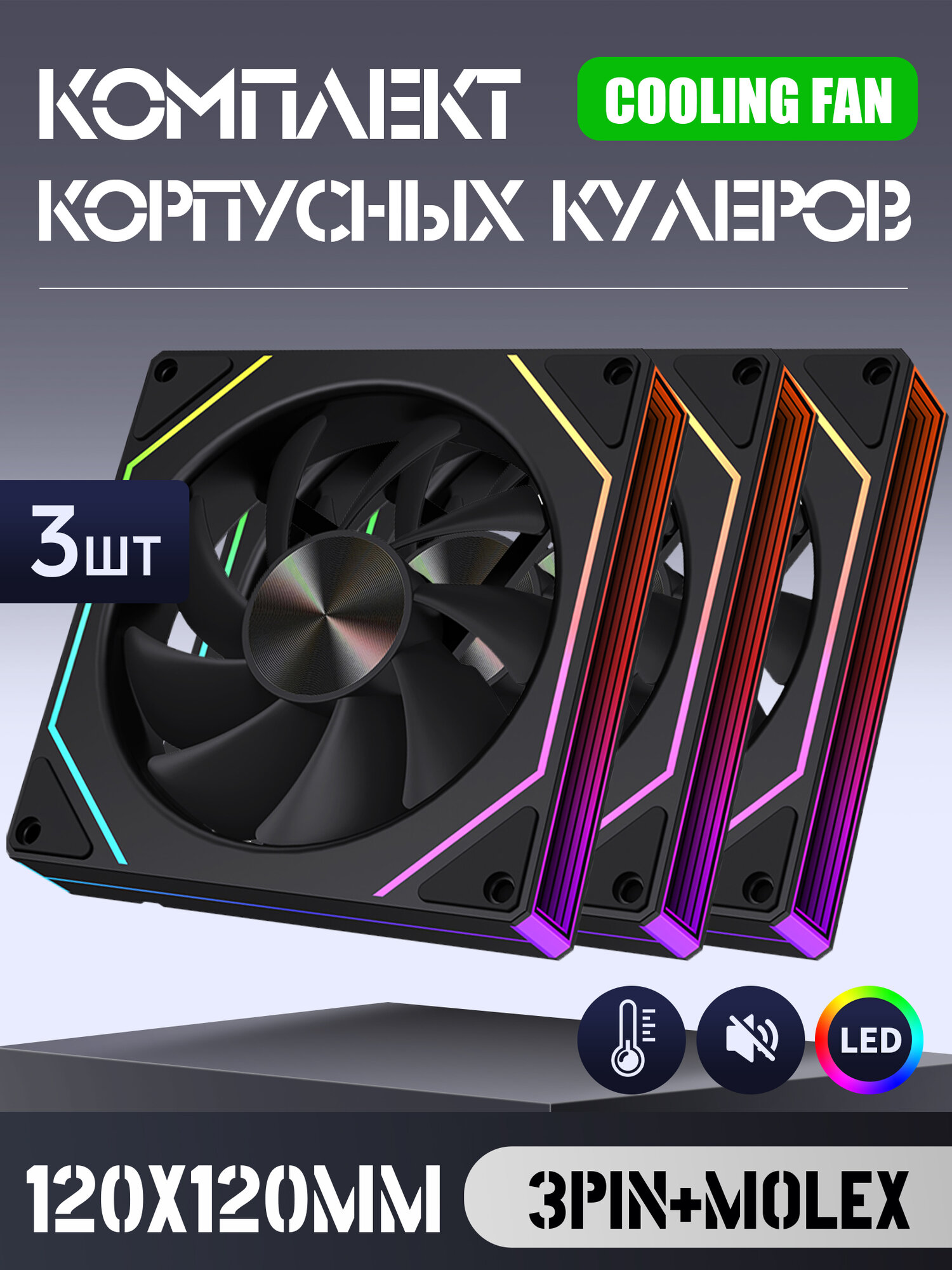 Вентилятор для корпуса 120 мм *3 шт RGB, Вентиляторы для ПК с fRGB подсветкой