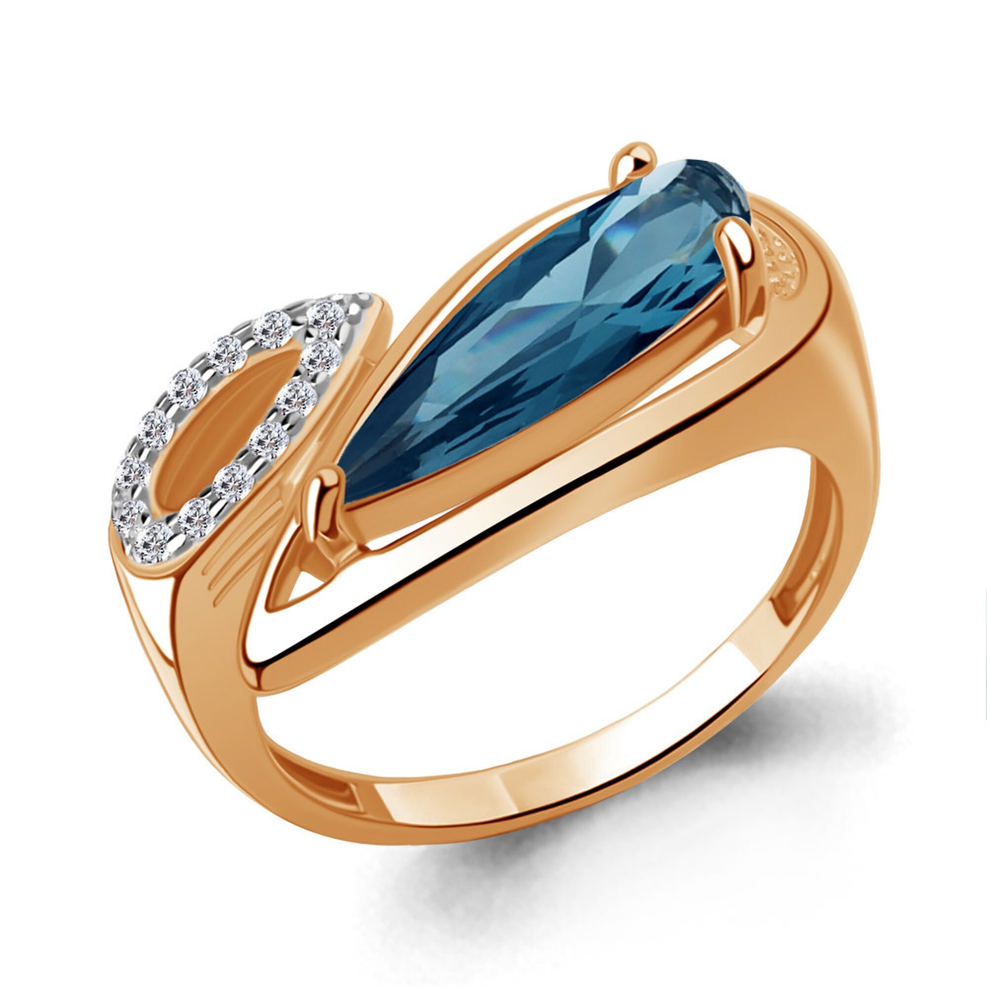 Кольцо, серебро, 925 проба, золочение, Лондон топаз, фианит