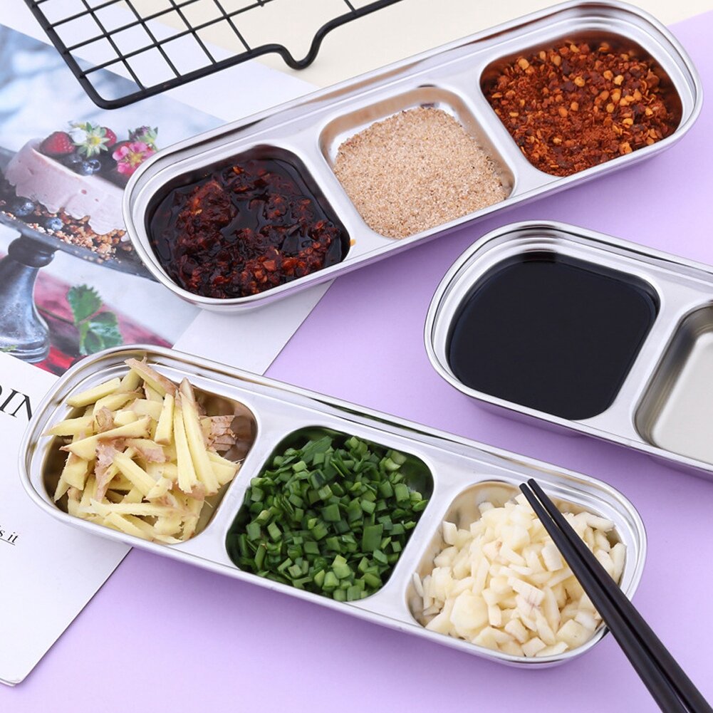 Блюдо для соуса из нержавеющей стали, блюдо для приправ, тарелка для закусок, разделенная миска для еды, кухонная посуда, 3 сетки