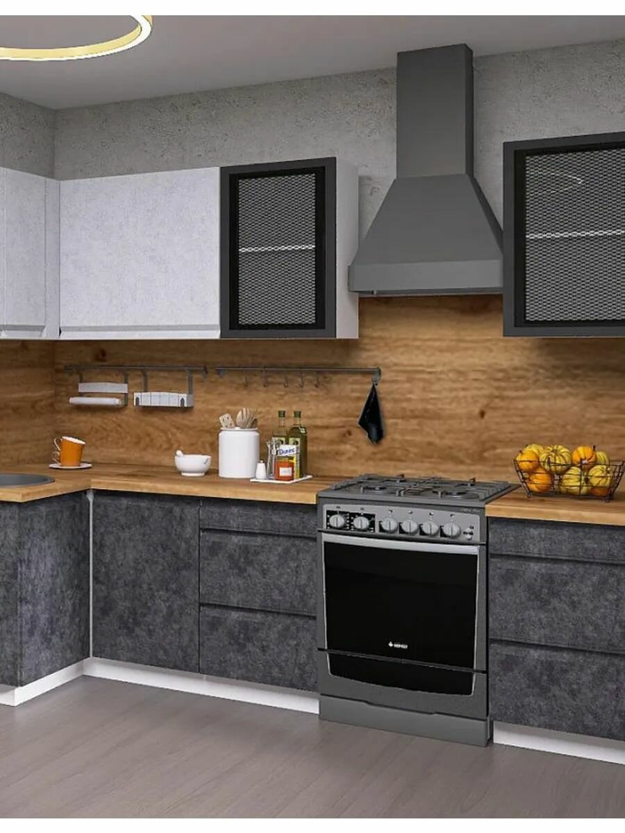 Кухонный гарнитур угловой Велюр 2.1х1 м, мебель для дома и кухни, Белый / Бетон графит-снежный / Черный