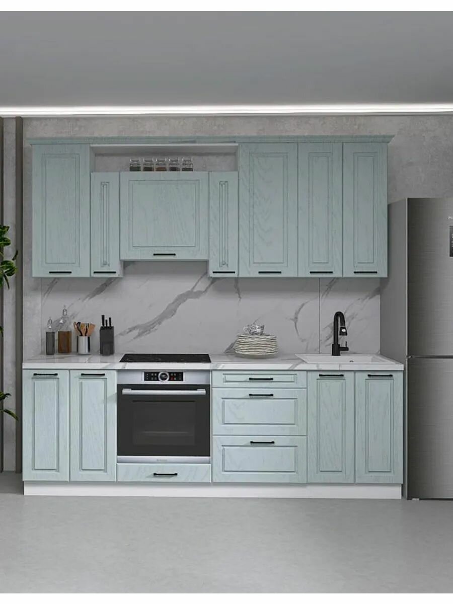 Кухонный гарнитур Шервуд 2.4 м, мебель для дома и кухни, Белый / Деним голубой