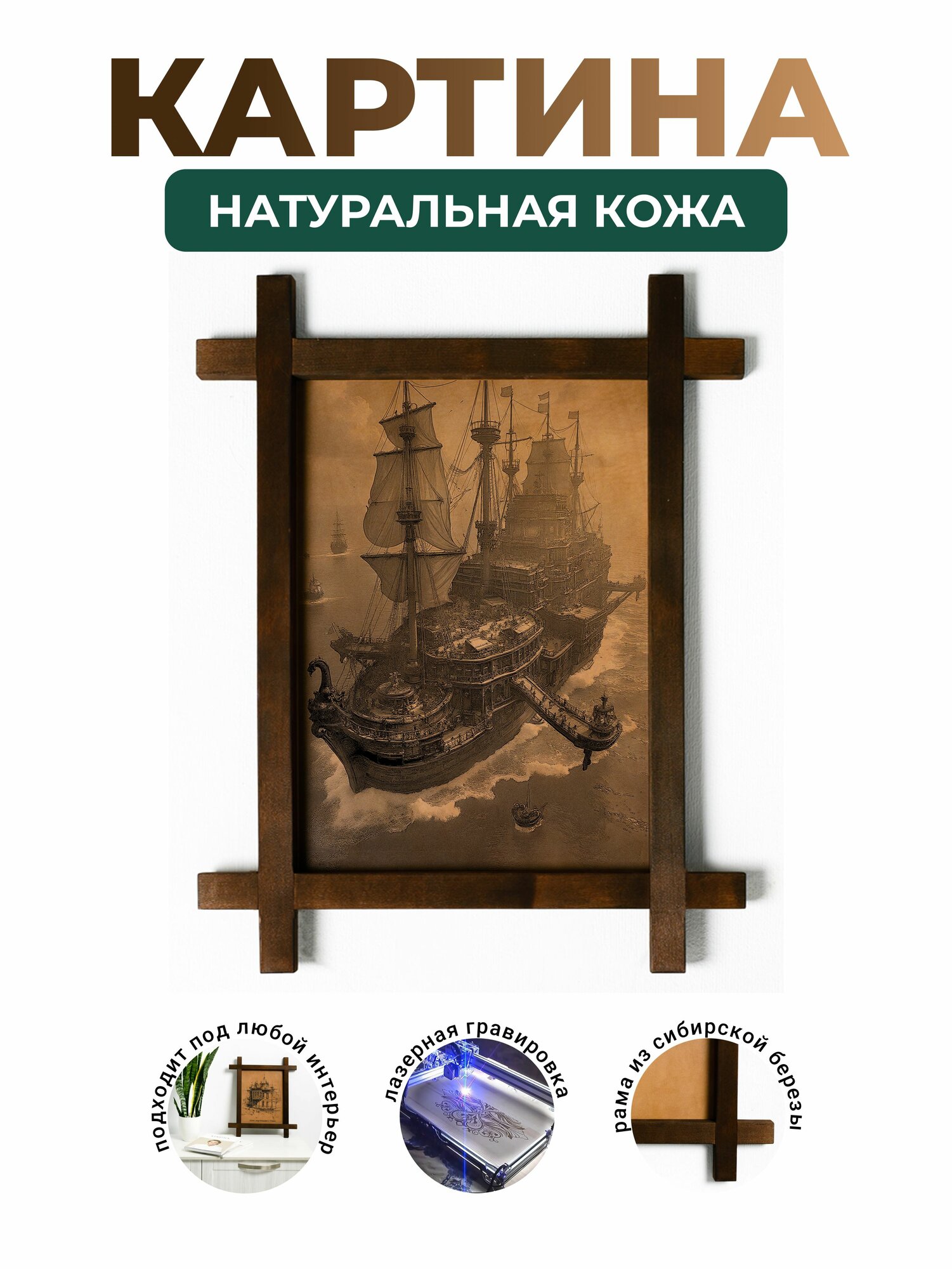 Картина интерьерная из кожи "Пиратский флагман", BoomGift