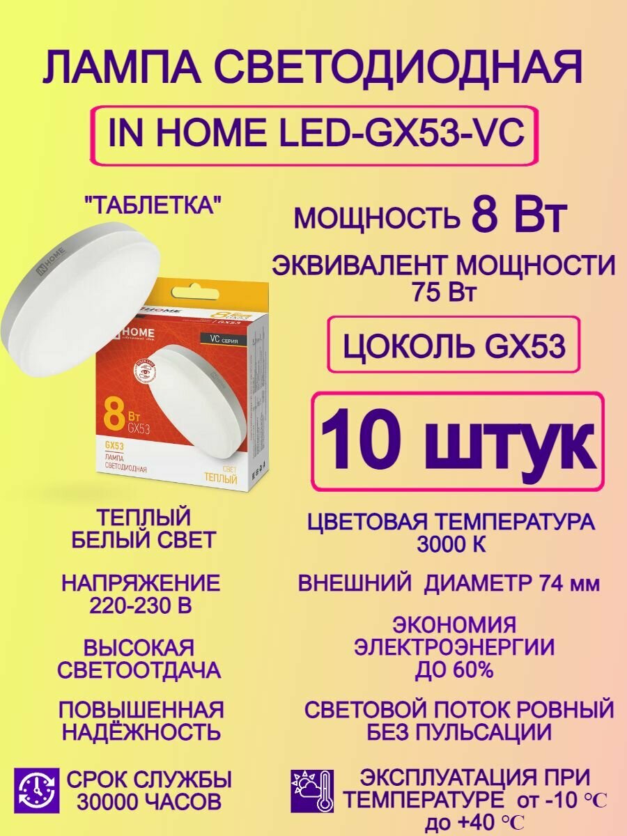 Светодиодная лампа InHome GX53 8 Вт. 3000K (10 шт.)