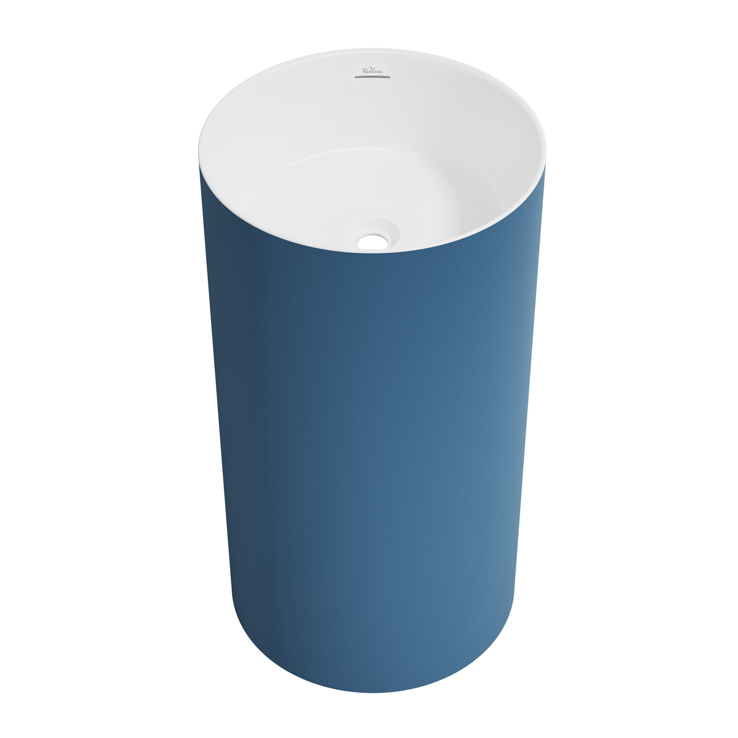 Круглая напольная раковина для ванной Wellsee Chalice Perfection 230622000: напольная отдельностоящая раковина моноблок из акрила, размер 45х45х85 см, чаша в цвете глянцевый белый (стенки матовые темно-синие)