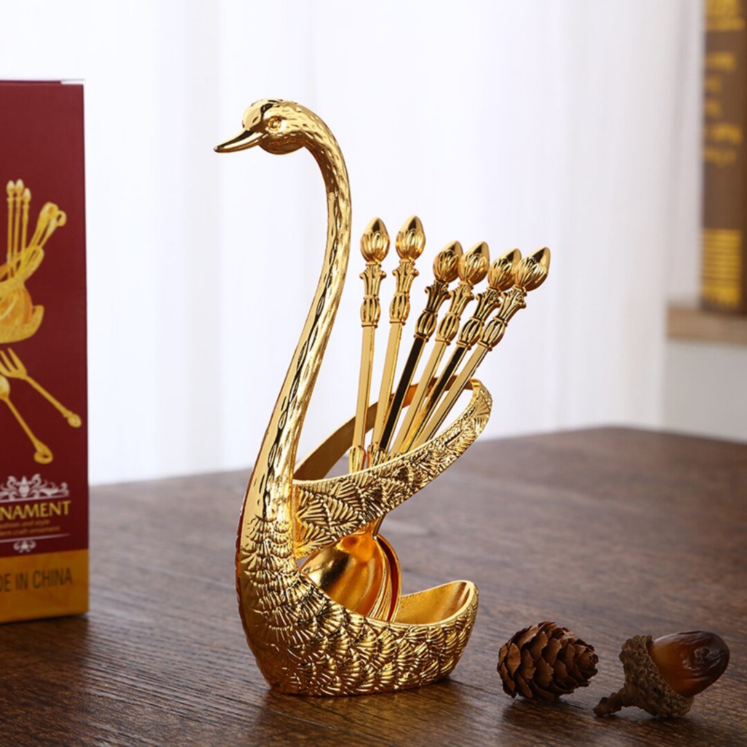 Ложки чайные набор 6 шт на подставке “золотой лебедь”, набор ложка столовых приборов нержавеющая, ложка десертная