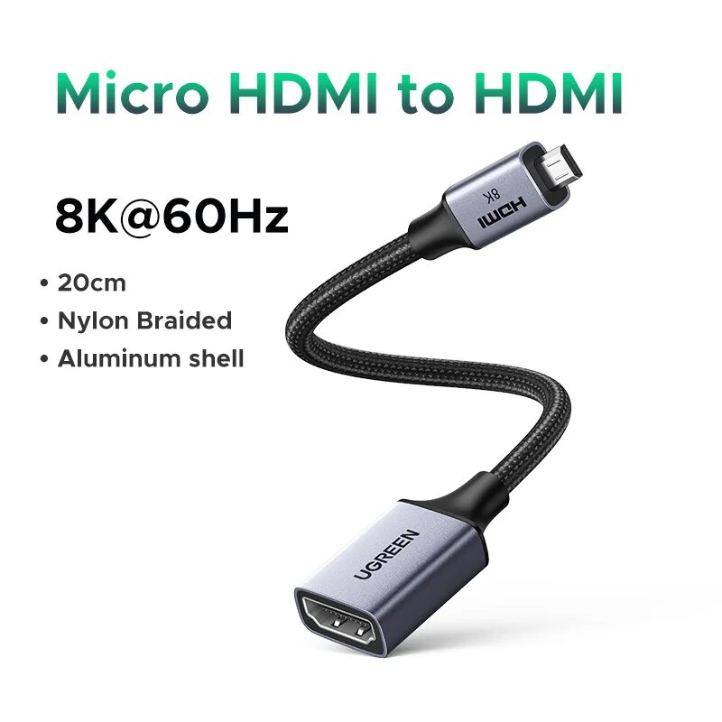 UGREEN Адаптер Micro HDMI-HDMI для GoPro Hero 7 8K Metal Grey-Micro, 0.20m