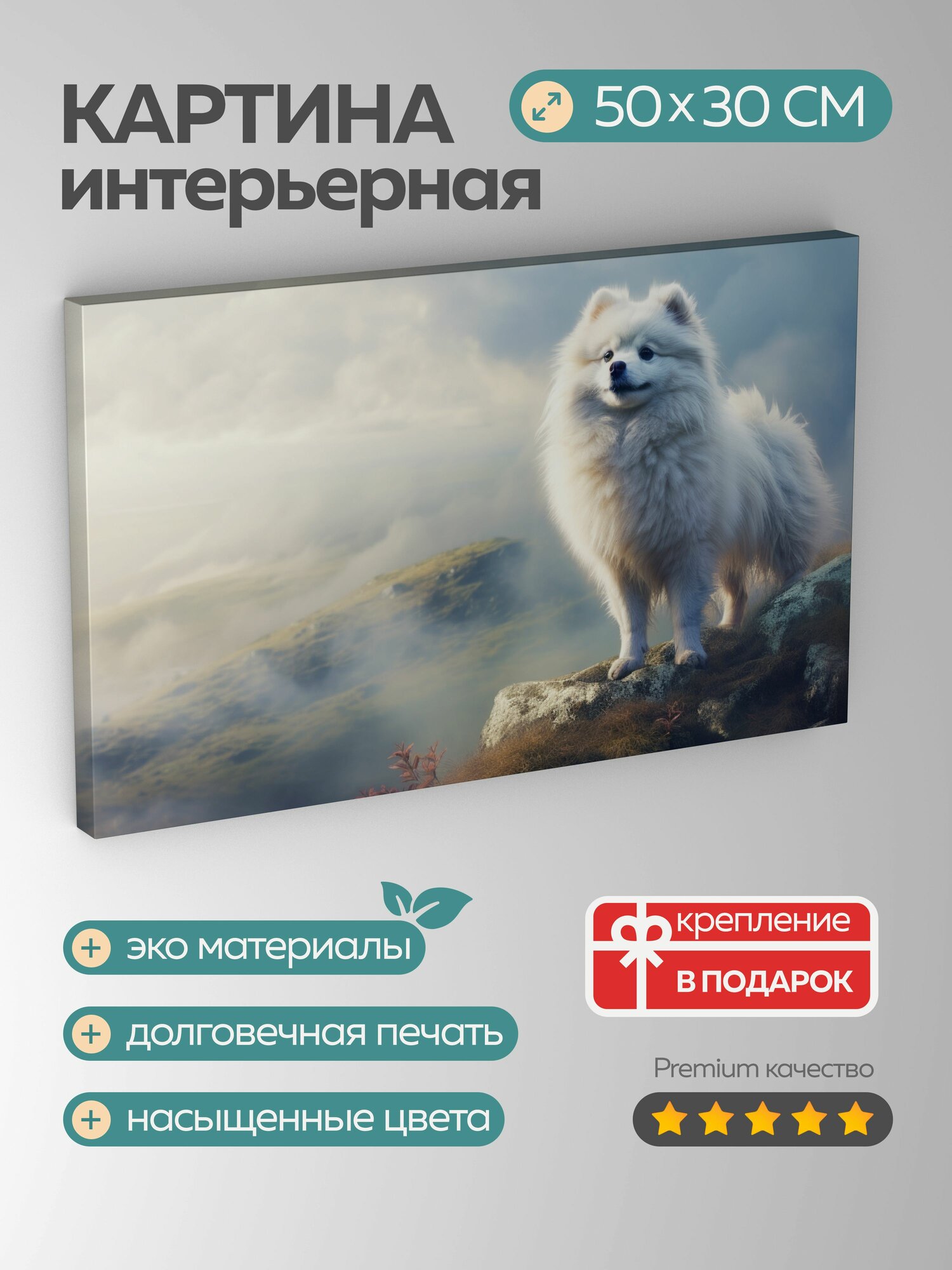 Картина на холсте интерьерная 50х30 см, шпиц, голубые глаза, пушистая шерсть, утес, пейзаж, туман, преданное поведение