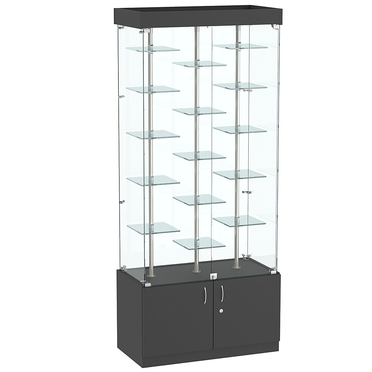 Стеклянная торговая витрина в прозрачном каркасе с маленькими зеркальными полками Квант №1-2, Черный