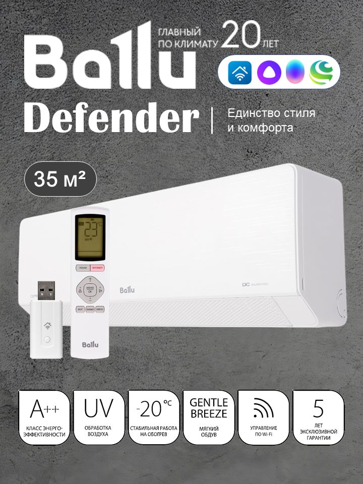 Инверторный кондиционер с Wi-Fi Ballu Defender DC Inverter BSHI-12HN8 на 3 кВт (до 35 м2), A+++, белый