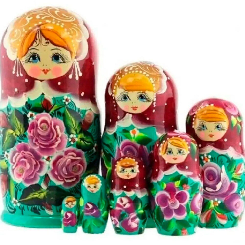 Деревянная Матрешка прямая - бордово-изумрудная розы MS07KojN-01