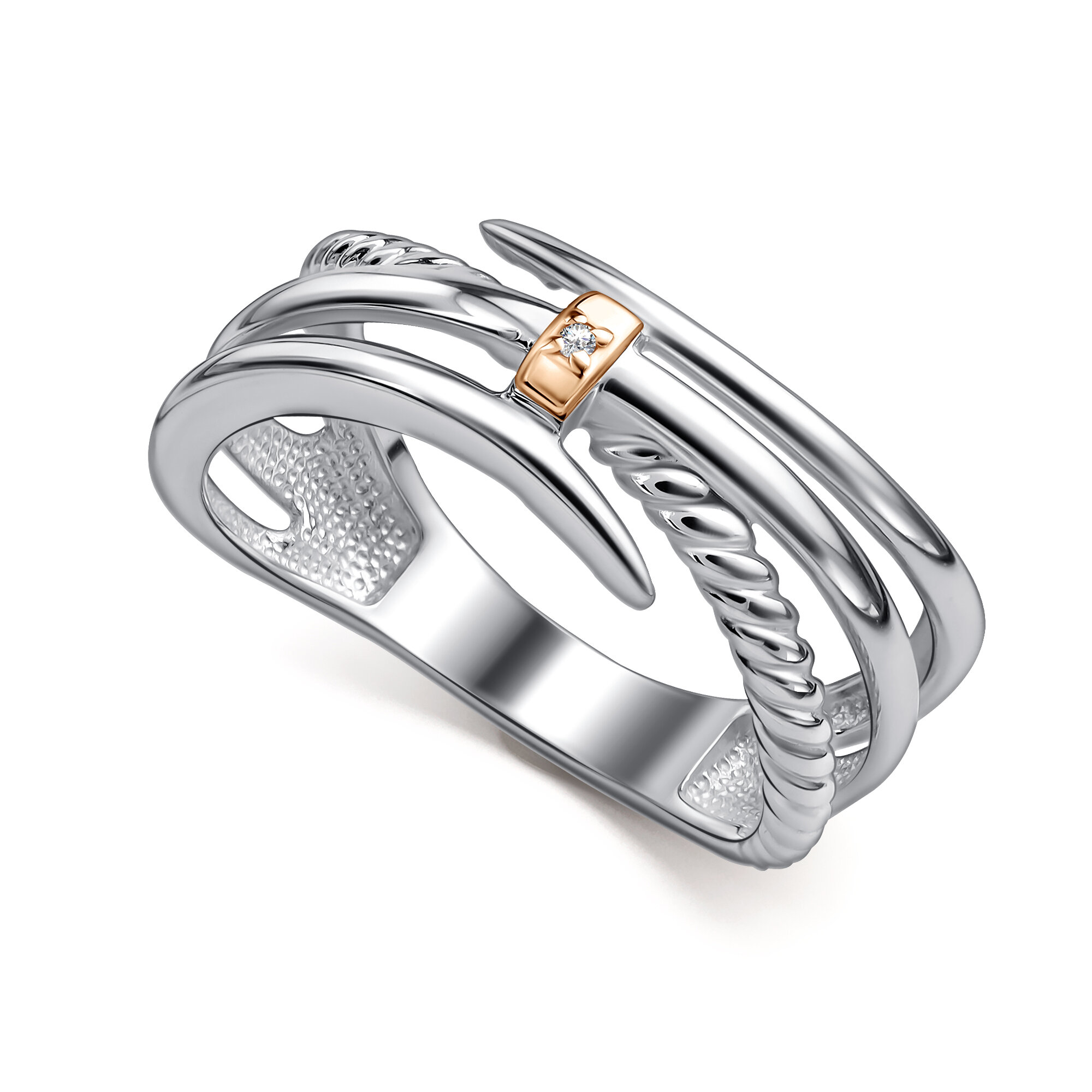 Кольцо широкое, серебро, 925 проба, родирование, бриллиант