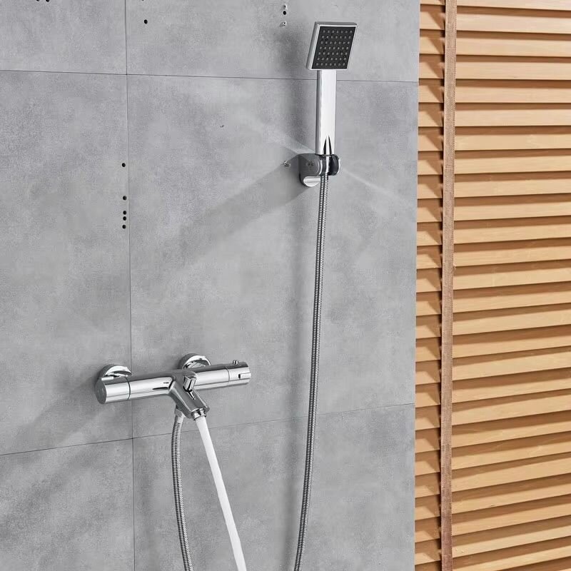 Смеситель для ванны с душем, с коротким изливом, с лейкой и шлангом, хром, термостатическийСмеситель для ванны короткий излив с лейкой, термостатический