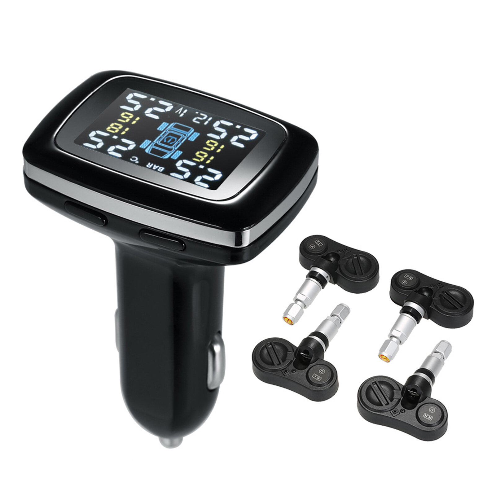 Беспроводная система контроля давления в шинах TPMS для автомобилей, подключаемая к прикуривателю, цифровой ЖК-дисплей с 4 внутренними датчиками, функция автоматической сигнализации.