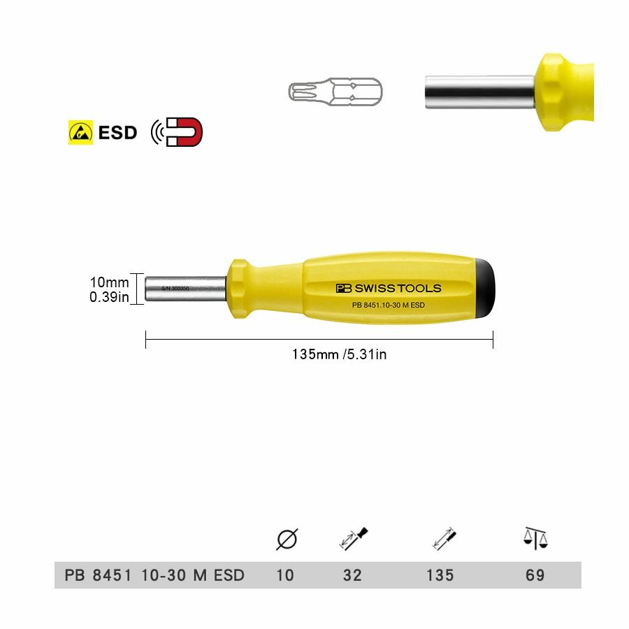PB SWISS TOOLS, ESD отверточная рукоятка, сменные гнезда для бит, многоцелевой ручной инструмент, PB 8451 10-30 M ESD