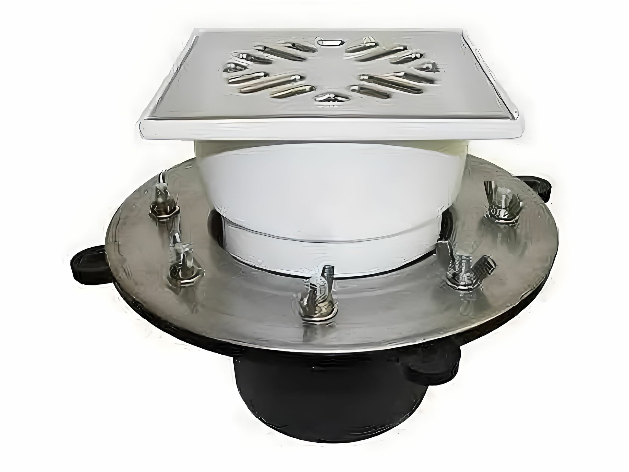 Трап 150*150 с метал. реш, с верт. вып. на 110 двухэлементный с фланцем. сухой затвор / Гидропласт