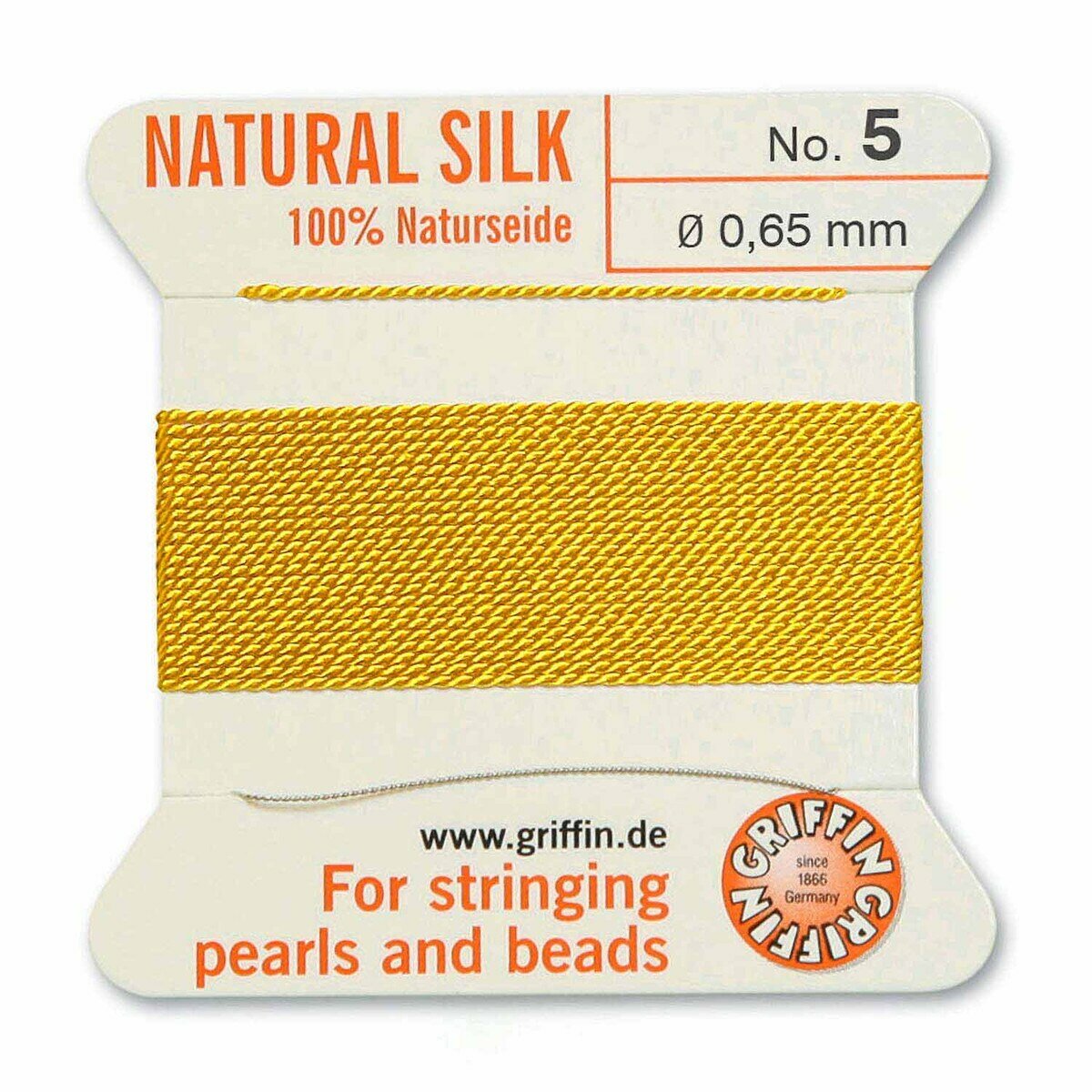 Нить шелковая, Griffin No.5 (0.65 мм), жёлтая, с иглой, моток, 2 метра