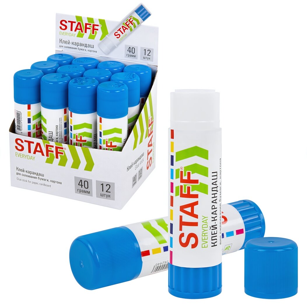 Клей-карандаш «Everyday» STAFF 40г, эргономичный пластиковый корпус, синяя крышка