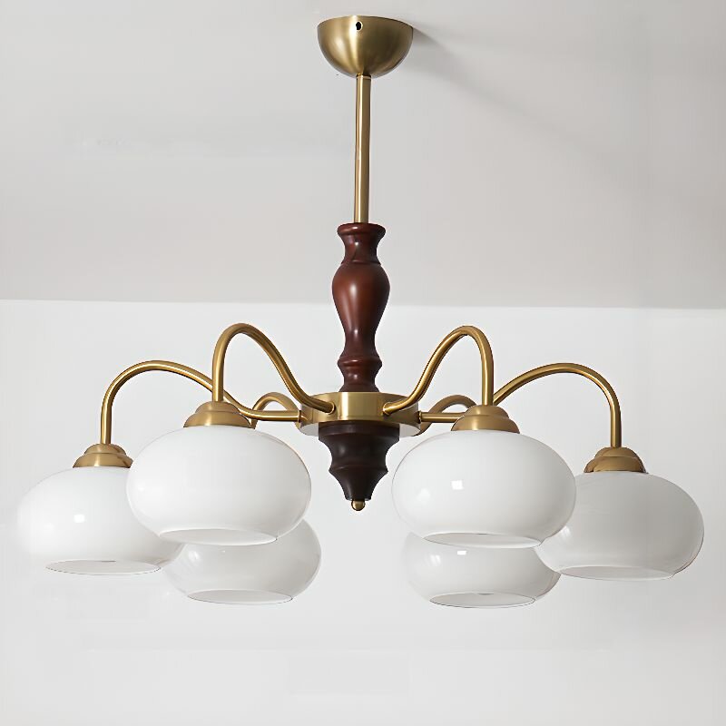 Люстра потолочная Ретро 10-20 ㎡, ножка 15+20 см, высота 50-70см, плафоны вниз/вверх, E27, 6 белых плафонов, стекло