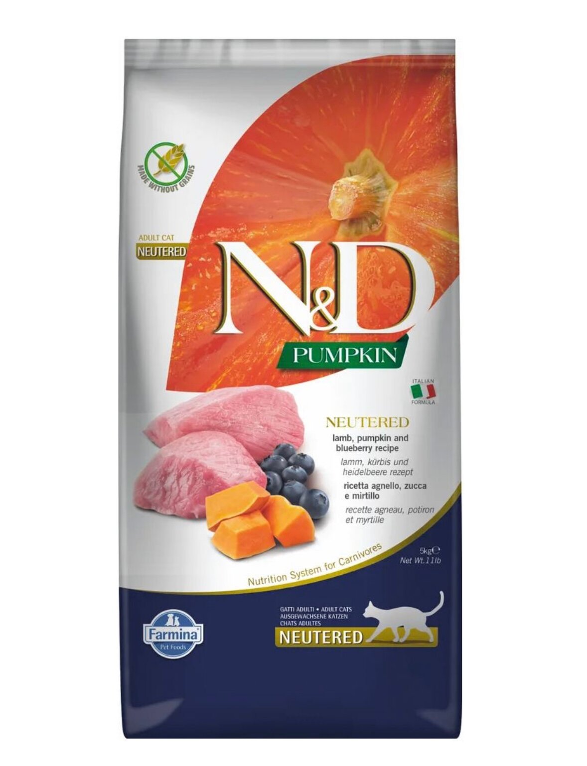 Сухой корм Farmina ND Cat Pumpkin Lamb / Blueberry Neutered для стерилизованных кошек с ягненком, тыквой и черникой, 5кг
