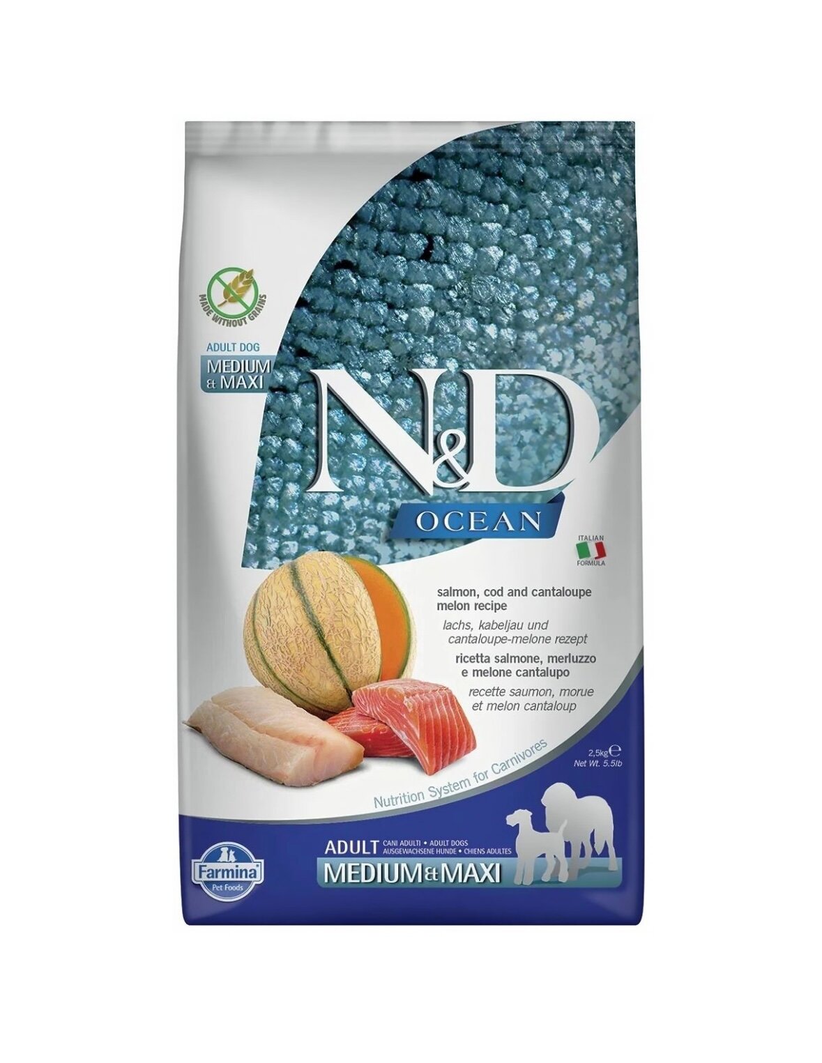 Сухой корм Farmina ND Ocean Dog Cod, Cantaloupe Melon Adult Medium/Maxi для взрослых собак средних и крупных пород, лосось, треска и дыня, 2,5кг