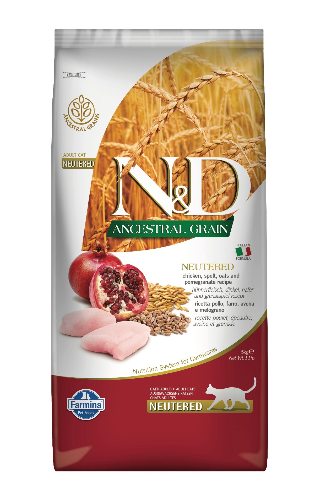 Корм сухой FARMINA ND ANCESTRAL GRAIN CAT Chicken Pomegrante Neutered для стерилизованных кошек с курицей и гранатом, 5кг