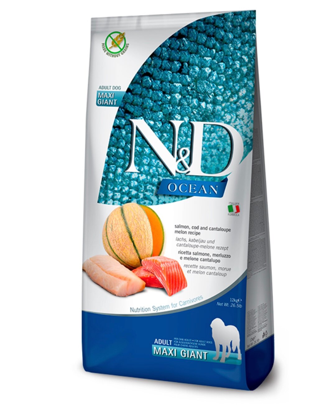 Сухой корм Farmina ND Ocean Dog Cod, Cantaloupe Melon Adult GIANT Maxi для взрослых собак гигантских пород, лосось, треска и дыня, 12кг