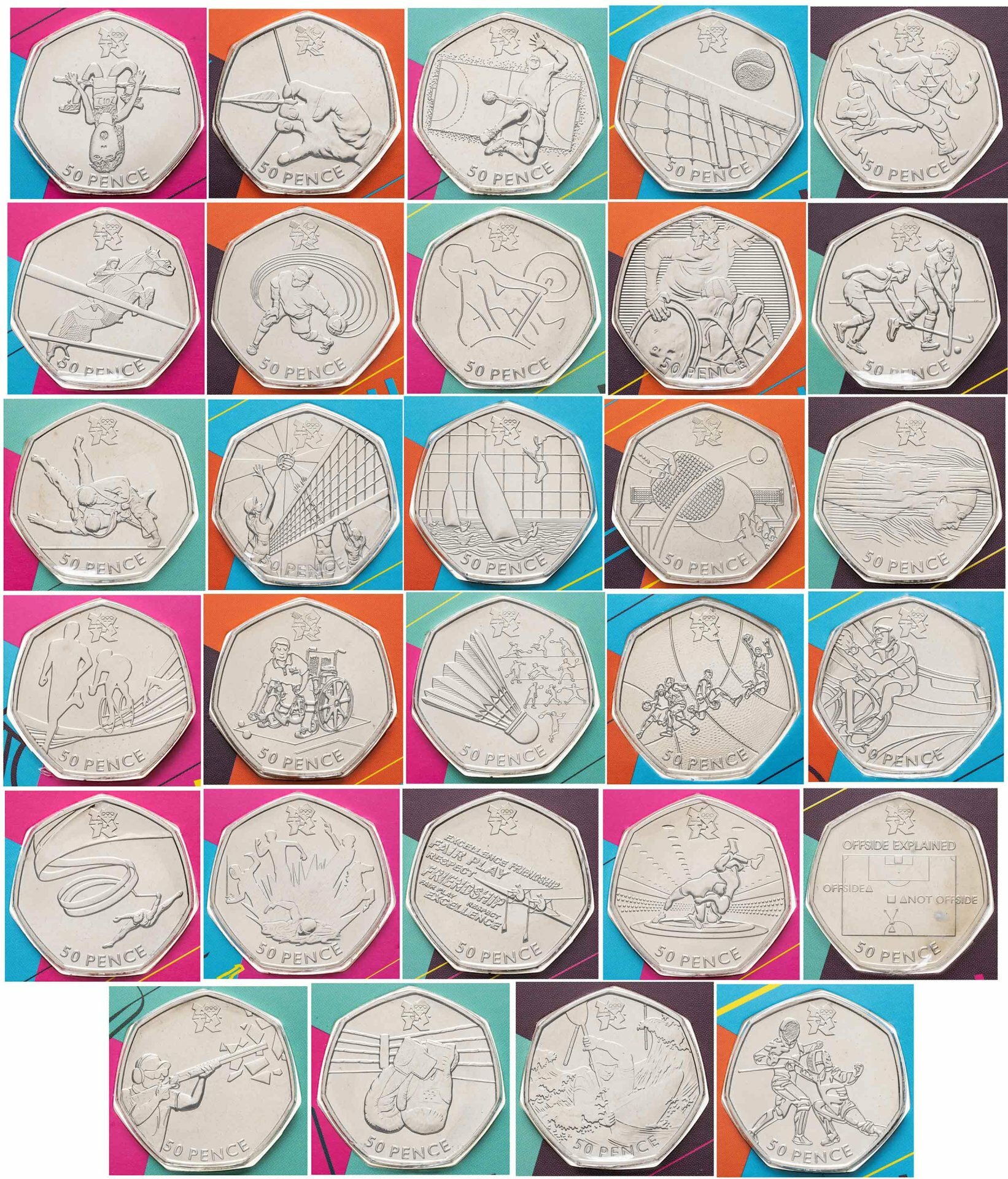 Великобритания набор из 29 монет 50 пенсов 2011 в буклетах "XXX летние Олимпийские Игры