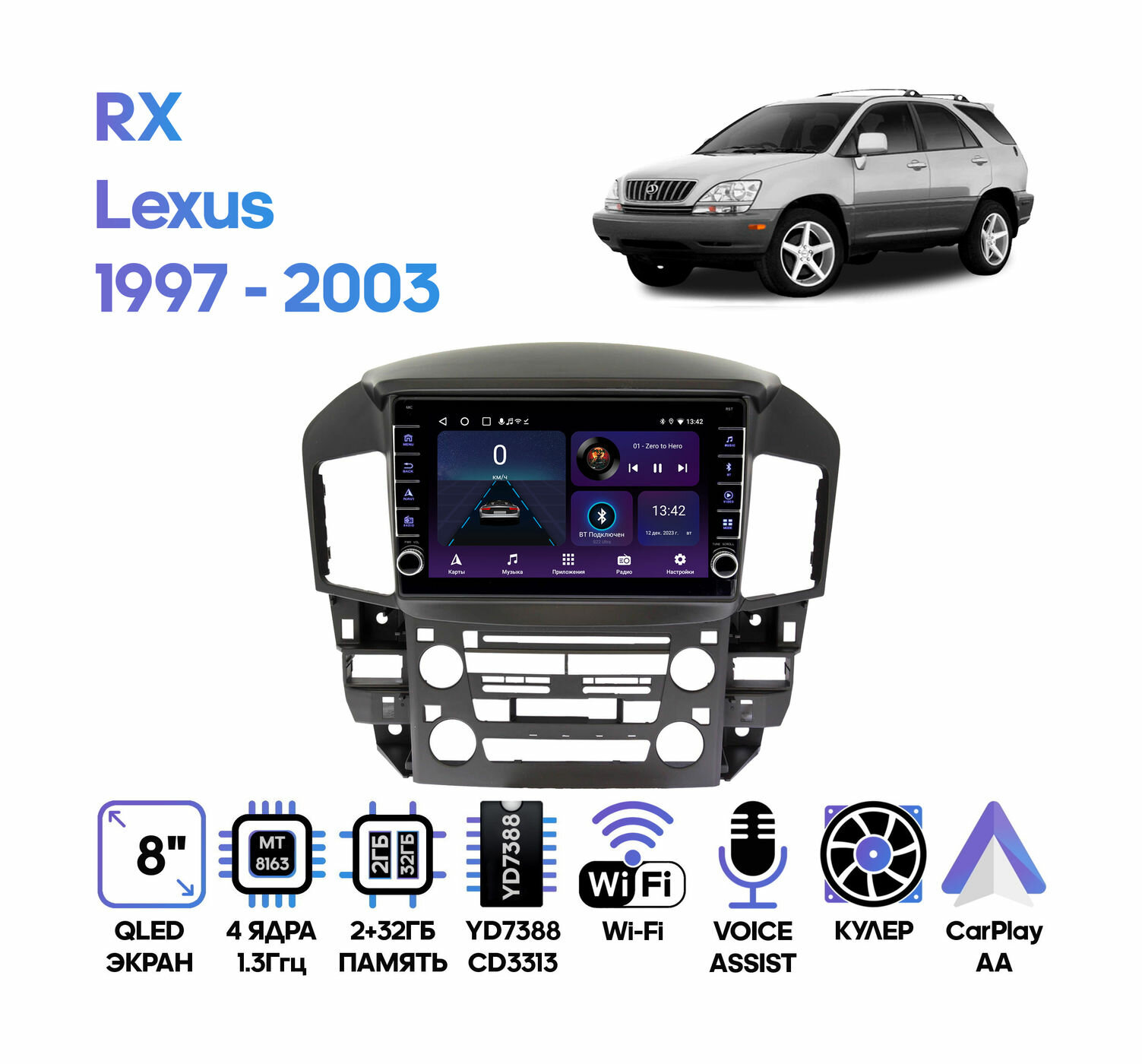 Магнитола Lexus RX 1997 - 2003 / 8 дюймов, 2/64GB, 4 ядра, Wi-Fi, Android 9 / Wide Media