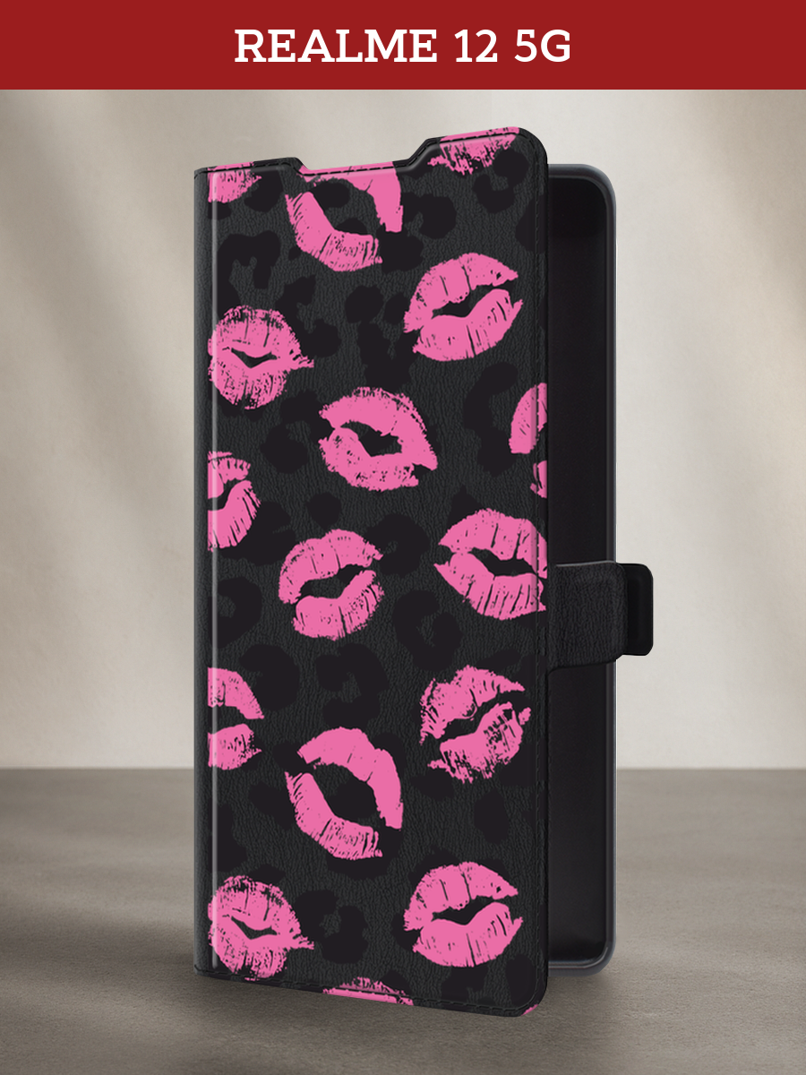 Чехол-книжка на Realme 12 5G/Realme 13 5G / Реалми 12 5G/Реалми 13 5G с принтом Lips and leopard pattern, черный