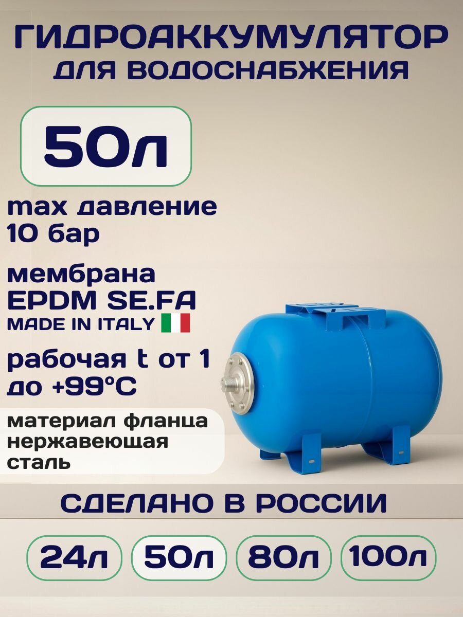 Гидроаккумулятор для водоснабжения 50 л, расширительный бак горизонтальный непроходной 1"Н для водоснабжения ESSAN