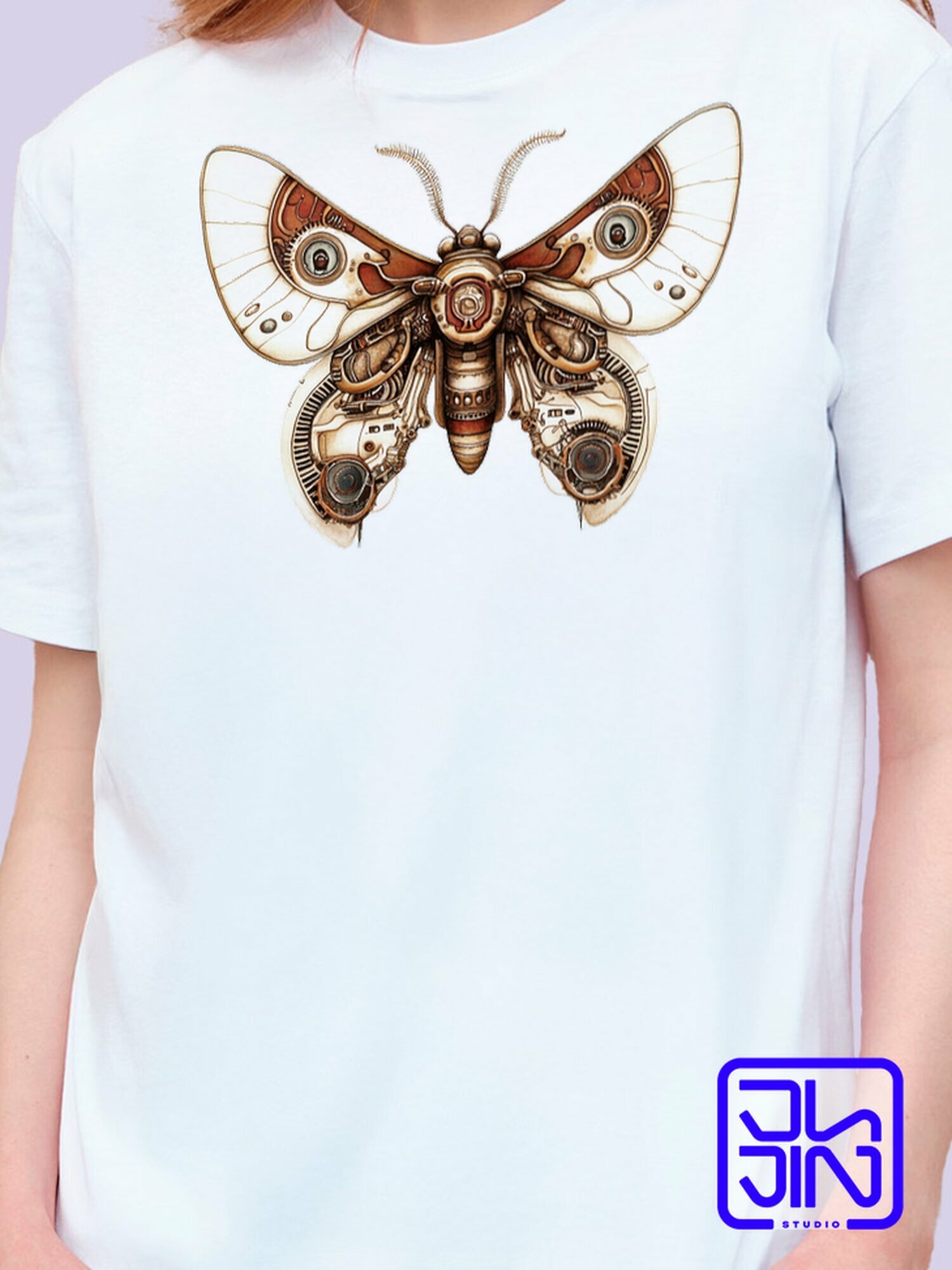 Футболка классическая женская с авторским принтом Винтажная коричневая бабочка в стиле стимпанк, ретро шоколадный киберпанк, белый хлопковый трикотаж с прикольным рисунком на груди