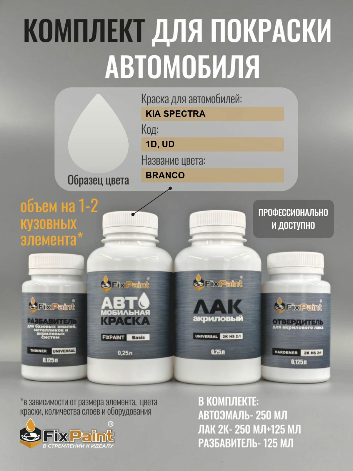 Комплект для покраски KIA SPECTRA, код 1D, UD, CLEAR WHITE, базовая автомобильная эмаль 250 мл, лак 2K 250 мл с отвердителем, разбавитель 125 мл, FixPaint Pro