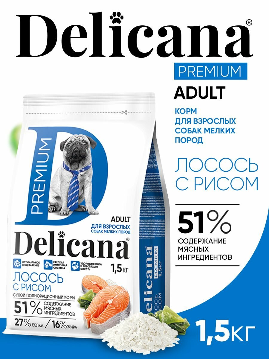 Корм сухой Delicana для собак мелких пород Лосось с рисом 1,5 кг