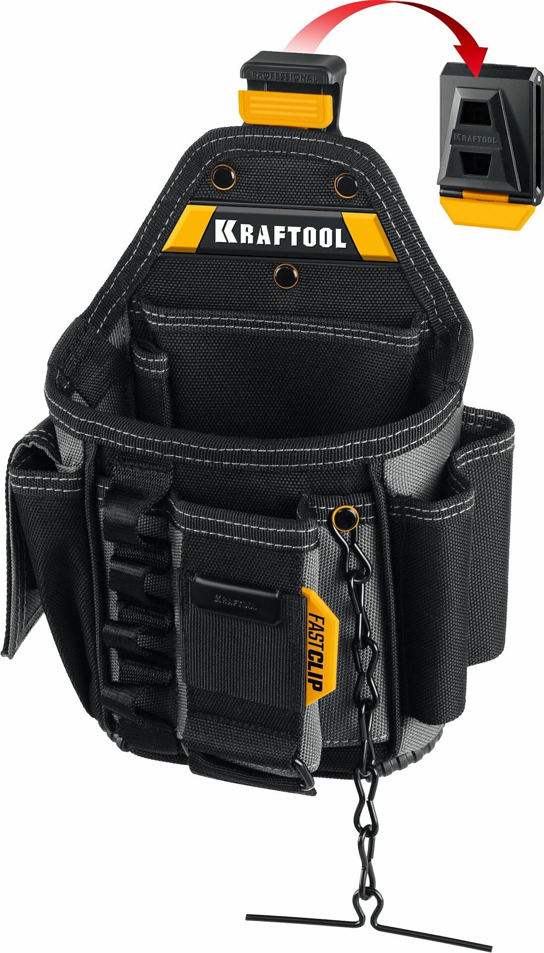 Поясная сумка KRAFTOOL KP-13E, 13 карманов и петель, быстросъемное крепление FastClip, 280х200 мм 38772