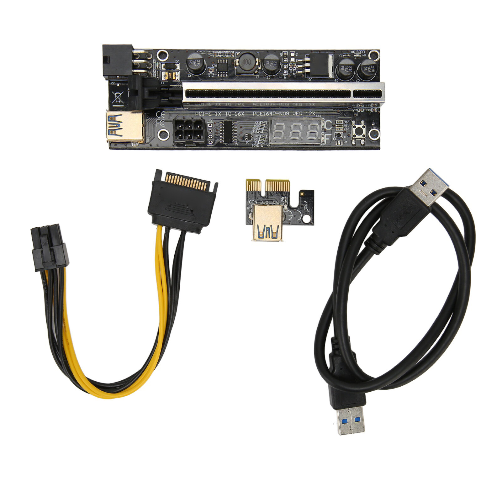 Карта адаптера PCIe Riser от 1X до 16X, двойной 6-контактный датчик температуры, шнур питания USB3.0, плата расширения для майнинга для графического расширения