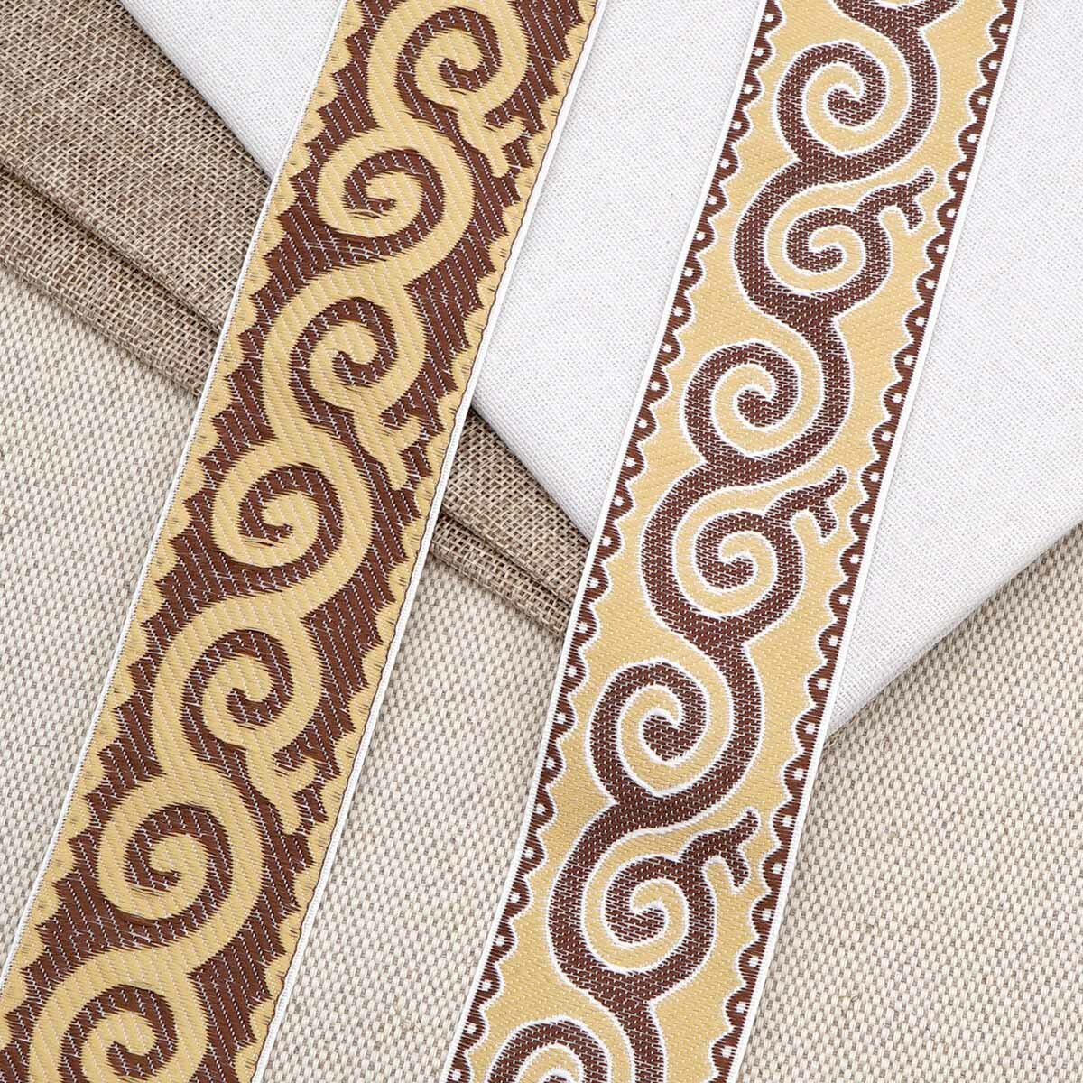 Тесьма декоративная для рукоделия 5 см × 25 м, Славянский орнамент Оберег, цвет белый/коричневый/бежевый