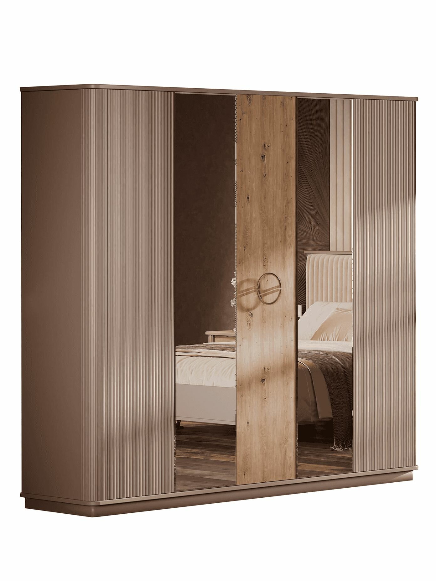 Шкаф Арида Мадрид арт-деко 5-дверн, бежевый, ЛДСП, МДФ, ящик для белья, зеркало