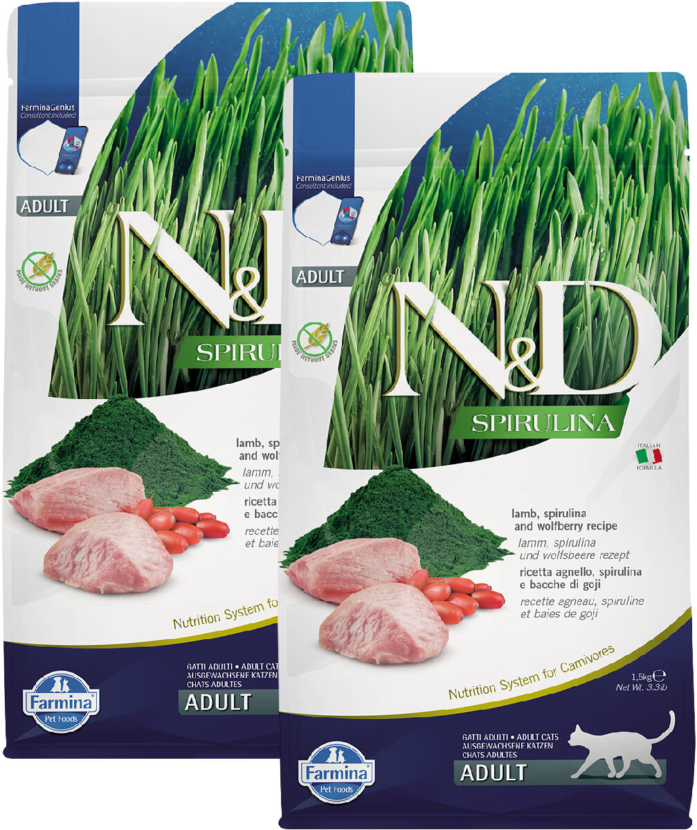 Корм сухой Farmina Cat N&D Grain Free Spirulina Lamb & Wolfberry беззерновой для взрослых кошек, ягненок, ягоды годжи и спирулина, 1,5 + 1,5 кг