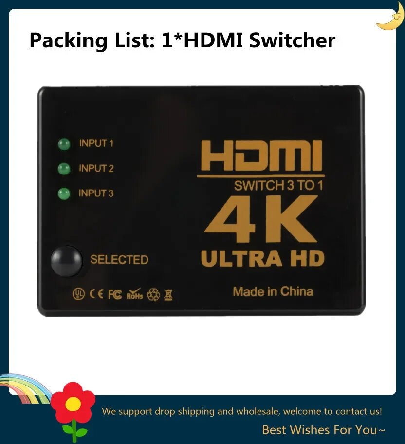 Селектор-разветвитель GRWIBEOU мини-Коммутатор HDMI 4K HD1080P с 3 портами, селектор с концентратором, ИК-пульт дистанционного управления для HDTV, DVD, ТВ-приставки